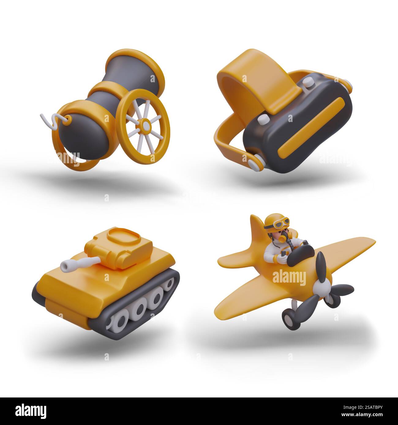 Set of game illustrations, icons. Cannon, virtual reality glasses, tank ...