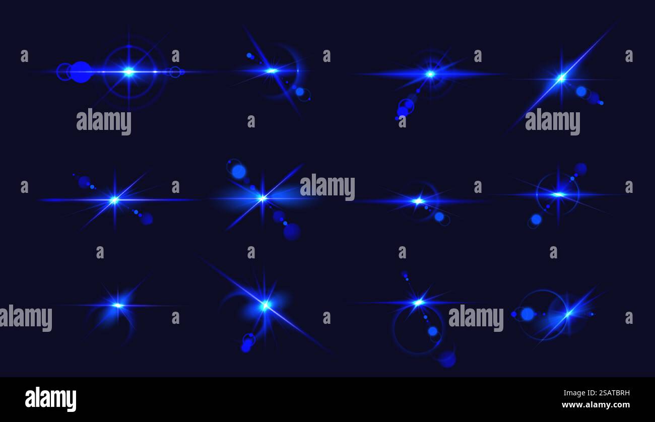 Brilliant blue stars flashes realistic vector illustration set. Fantastic glare in darkness ...