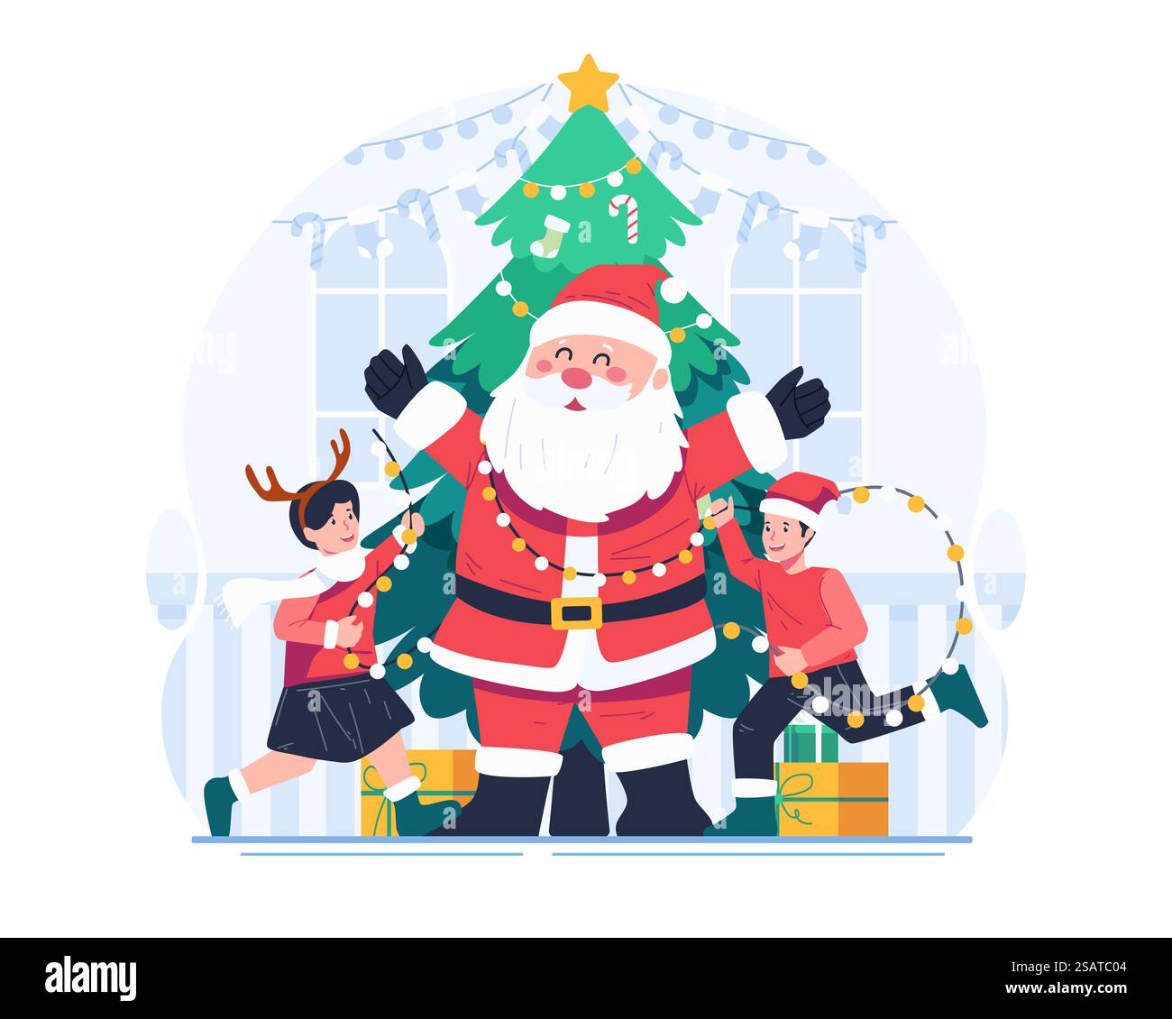 Merry Christmas Concept Illustration Featuring Two Joyful Children and ...