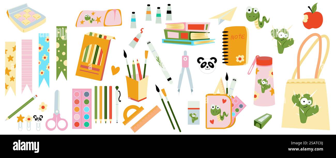 Cute School Stationery Mega Set In Flat Design Bundle Elements Of