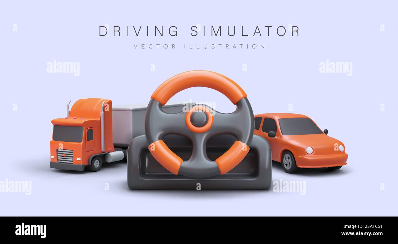 Driving simulation. Game computer steering wheel, truck, car. Learning ...