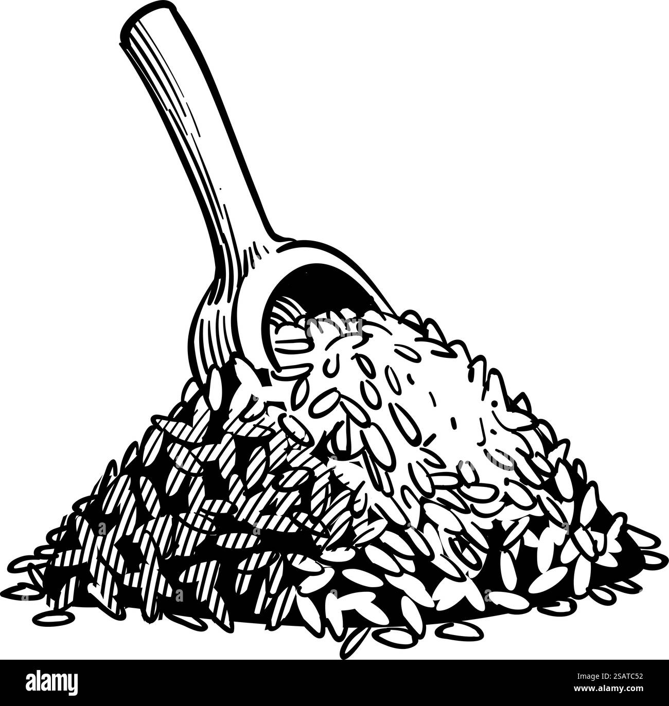 Rice pile with wooden ladle. Grain engraving isolated on white ...
