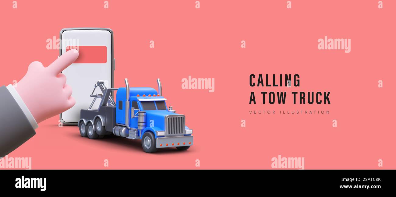 Realistic hand points to mobile phone. Calling tow truck concept. Web ...