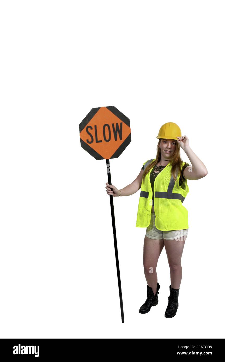 Woman flagman holding a stop sign to halt traffic Stock Photo - Alamy
