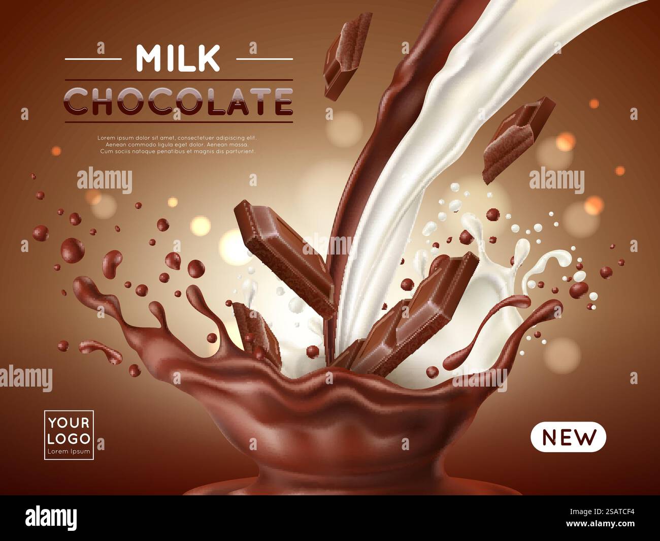 Chocolate poster. Realistic milk and cocoa streams, sweet natural ...