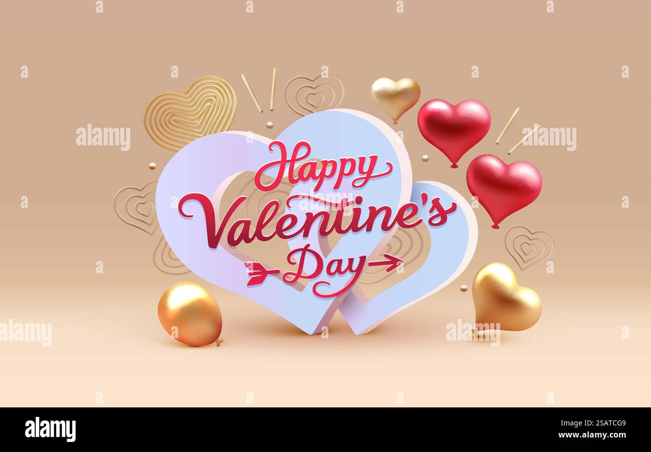 Heart and balloons of Happy Valentines Day, greeting card from February ...