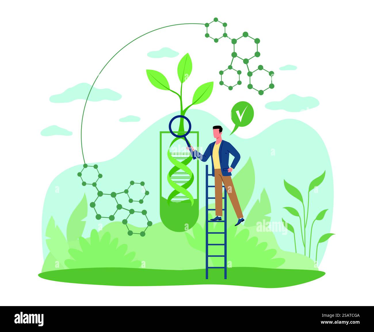 Genetic engineering, improvement of biogelix. Tiny scientist man with ...