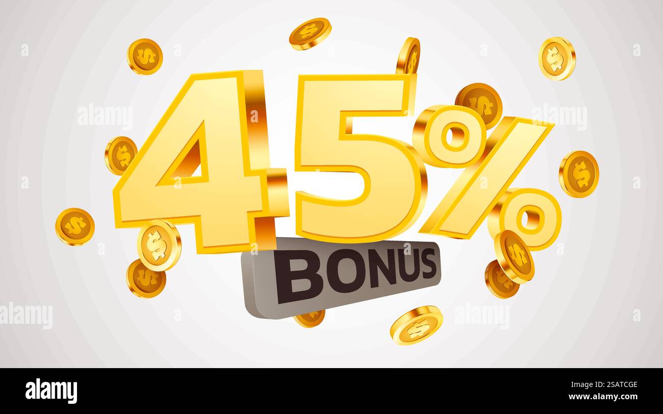 45 percents bonus. Falling golden coins. Cashback or prize concept ...