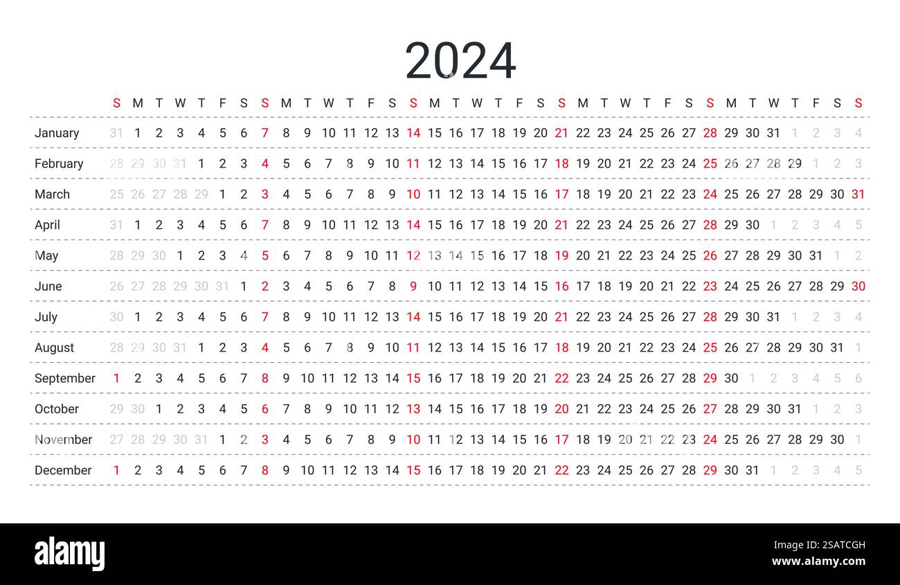 2024 calendar. Linear horizontal planner. Yearly calender template ...