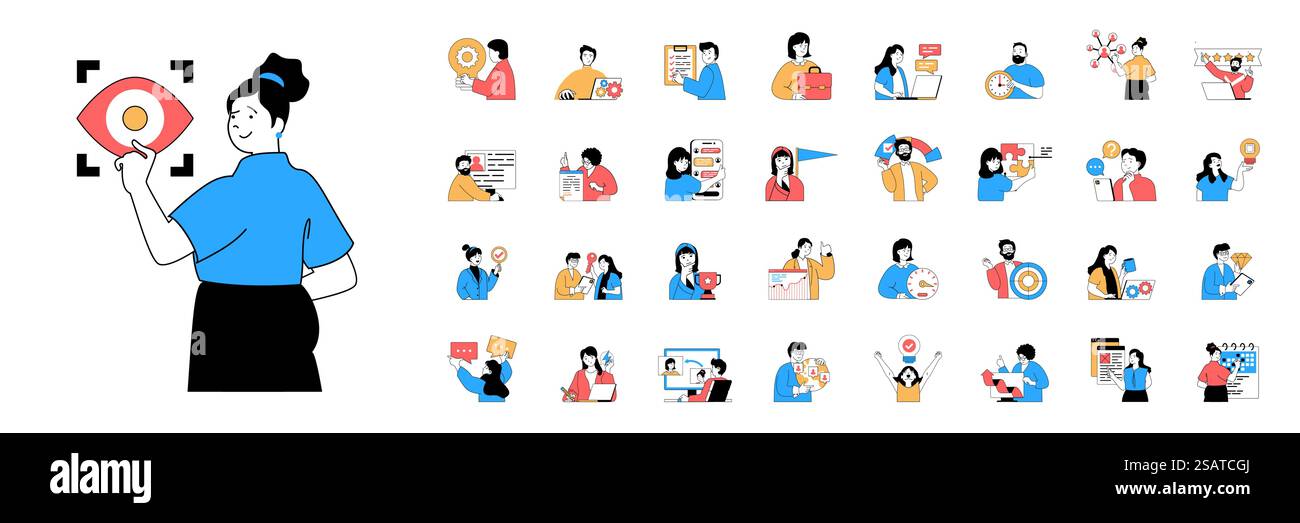 Teamwork concept with character situations mega set in flat web design. Bundle of scenes people ...