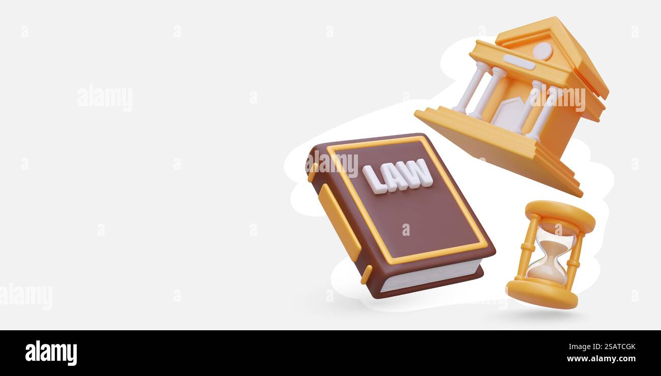Poster with 3d realistic law book, model of court and hourglasses ...