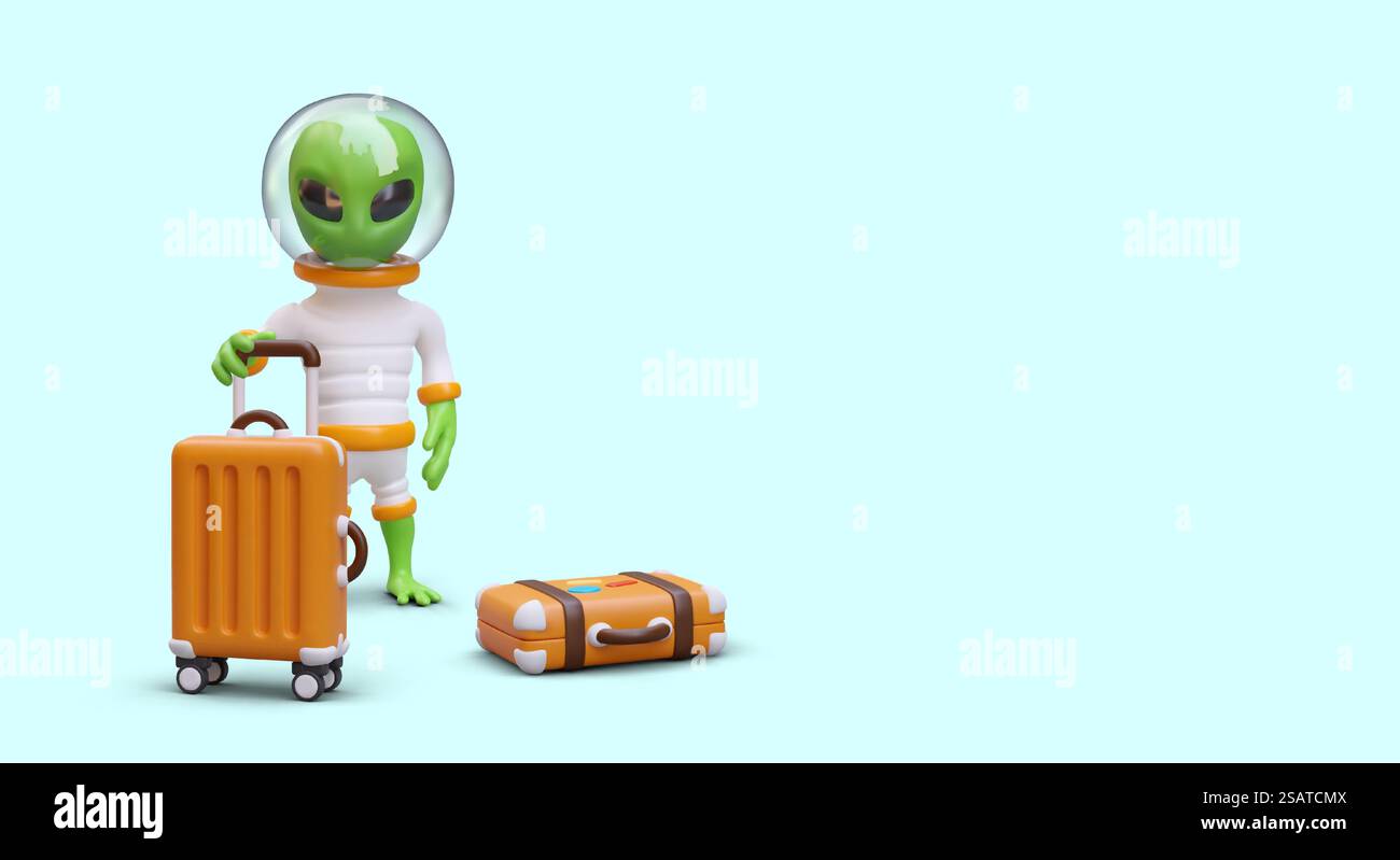 3D alien with suitcases. Green humanoid with luggage. Advertising of ...