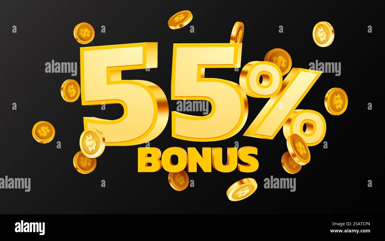 55 percents bonus. Falling golden coins. Cashback or prize concept ...