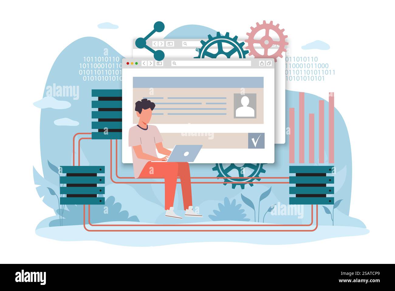 Database, hardware hosting, sharing disk space for file storage. Male programmer sitting with ...