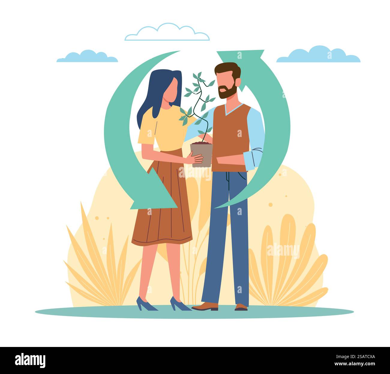 Taking care of environment. Eco friendly disposal. Man and woman hold ...