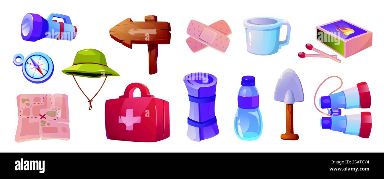 Tourism equipment mega set in cartoon graphic design. Bundle elements of flashlight, compass ...