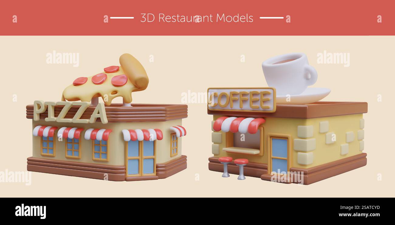 3D models of restaurants. Colorful building of pizzeria and coffee shop ...