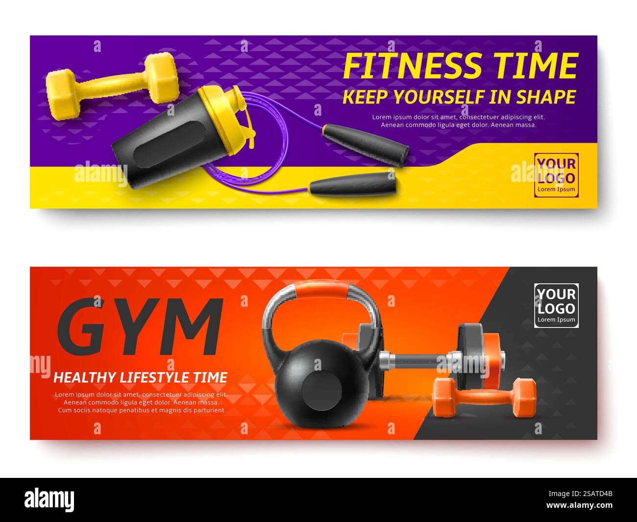 Realistic gym fitness banners. Sport equipment and accessories ...