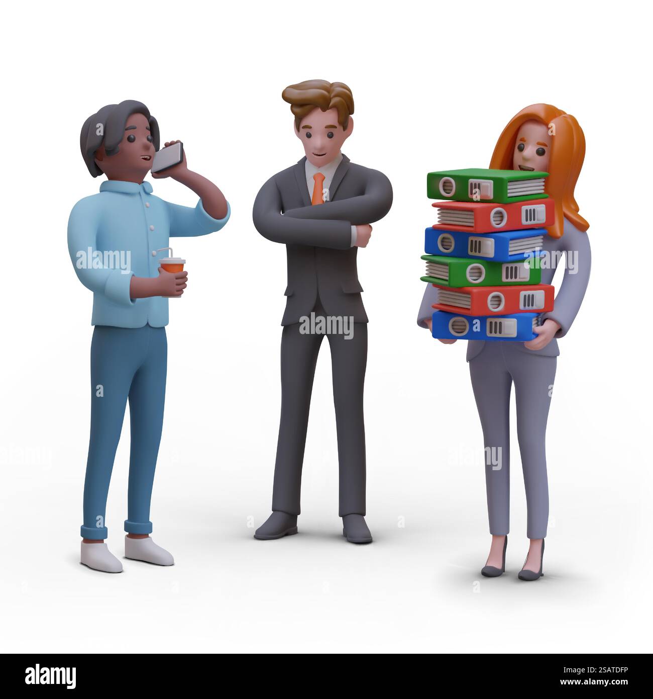 Office workers in different poses. Woman holds stack of folders, guy ...