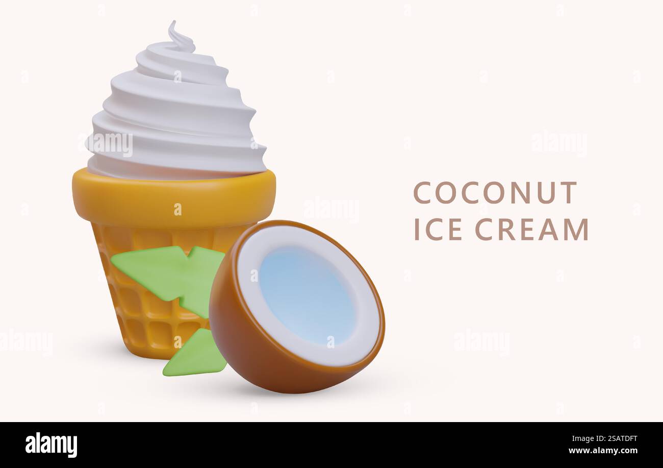 3d realistic coconut natural ice cream and half of coconut. Advertising ...