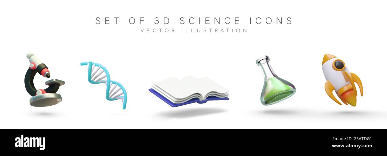 Set of 3D science icons on white background. Isolated color image with ...
