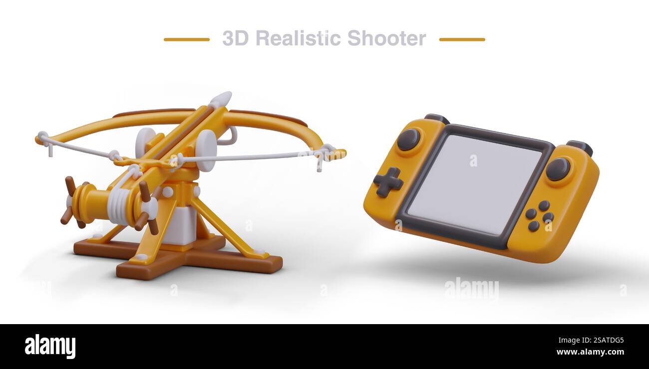 Illustrations for advertising realistic shooter game. Ballista with ...