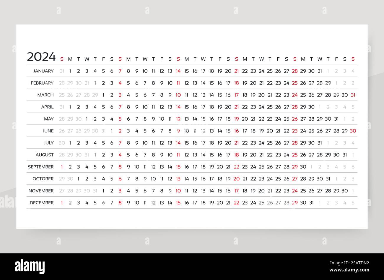 Calendar 2024 year. Linear planner template. Horizontal yearly calender ...
