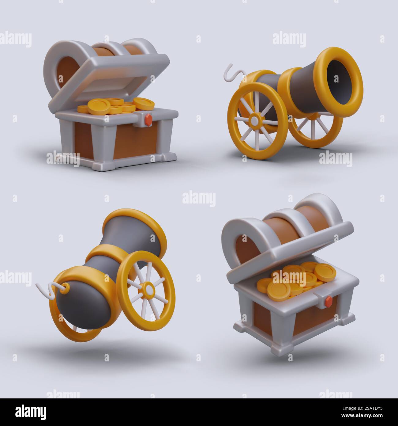 Set of vector game combat icons. 3D chest full of gold coins, cannon on ...