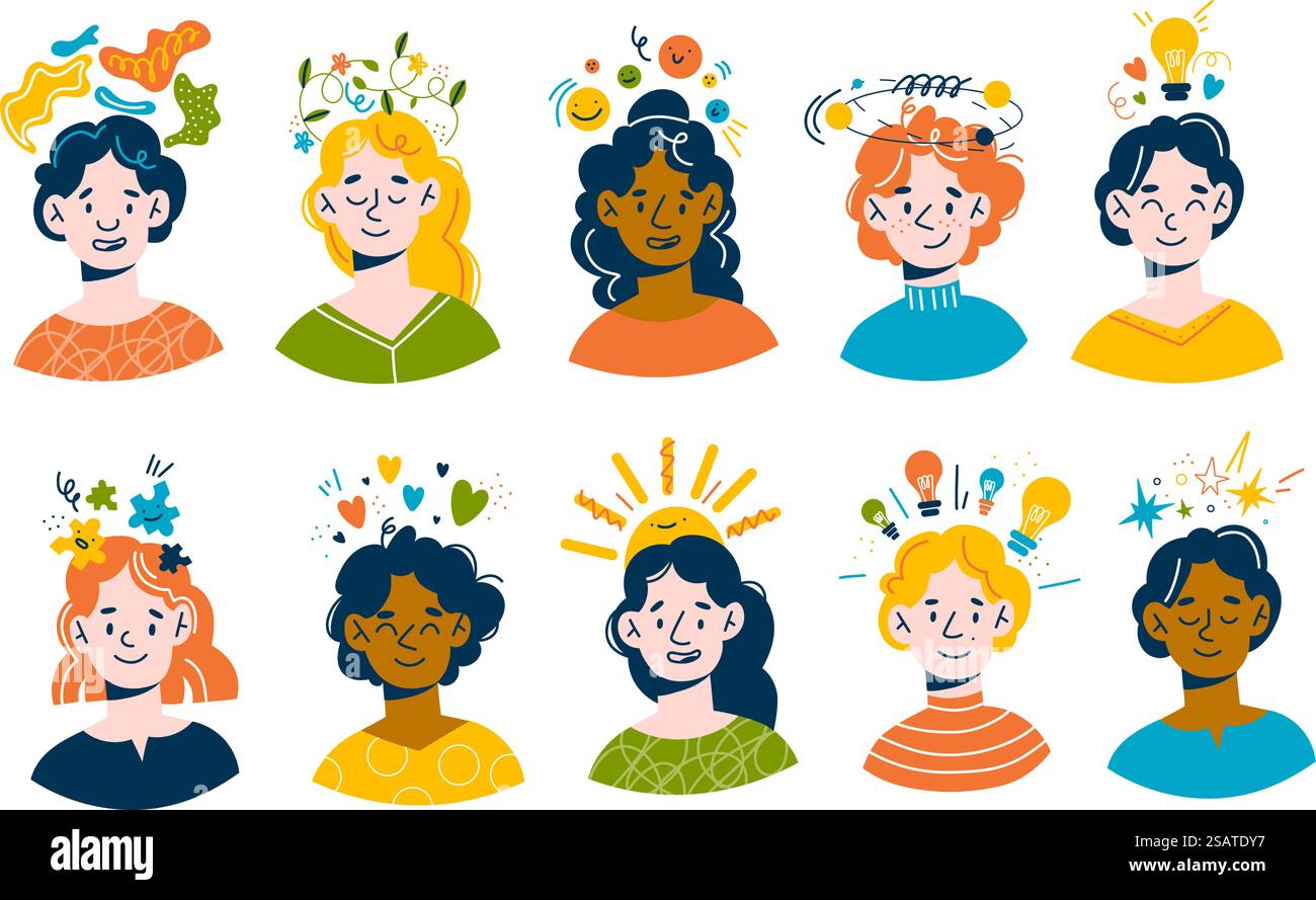 Positive thinking people. Funny young men and women faces with happy ...