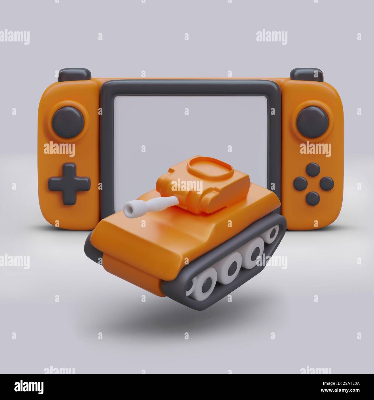 Realistic game console and tank in orange and black style. 3d game ...