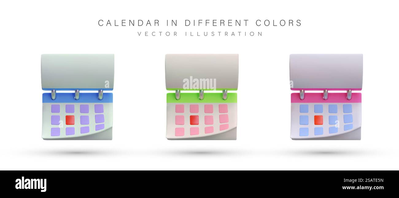 Set of realistic tear off calendars of different colors. Weekly red mark desktop planner ...