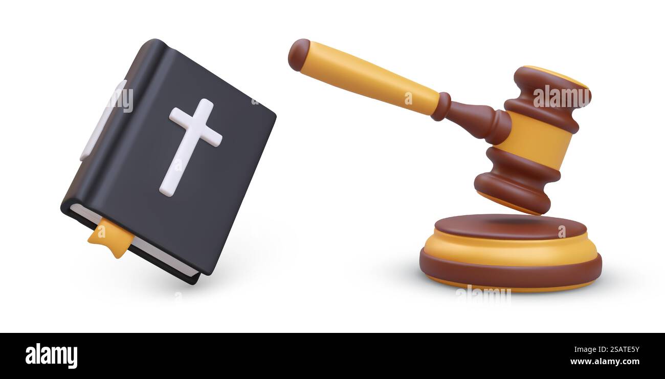 3d realistic Bible with bookmark and wooden judges gavel. Justice and ...