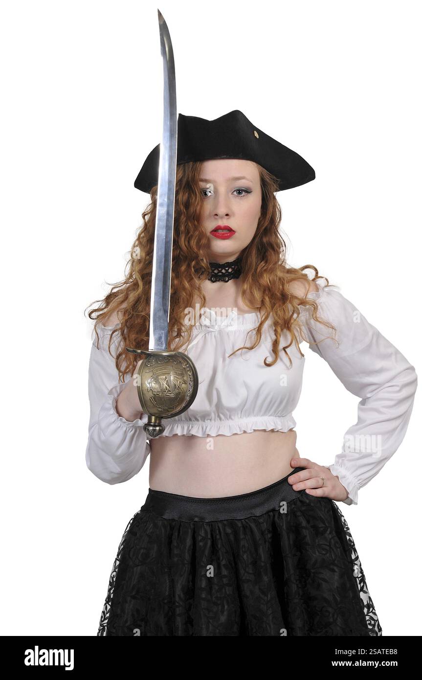 Young beautiful pirate woman with cutlass saber sword Stock Photo - Alamy