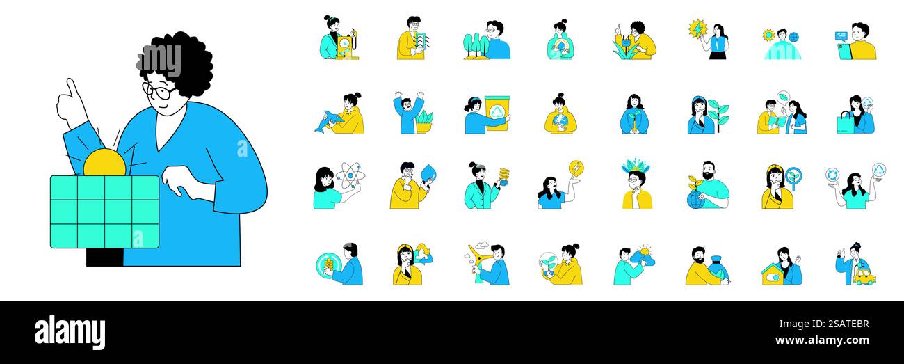 Ecology concept with character situations mega set in flat web design ...