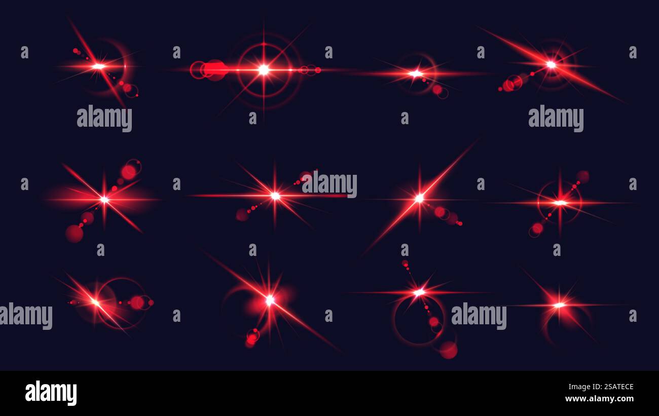 Red glare stars explosion realistic vector illustration set. Shining ...