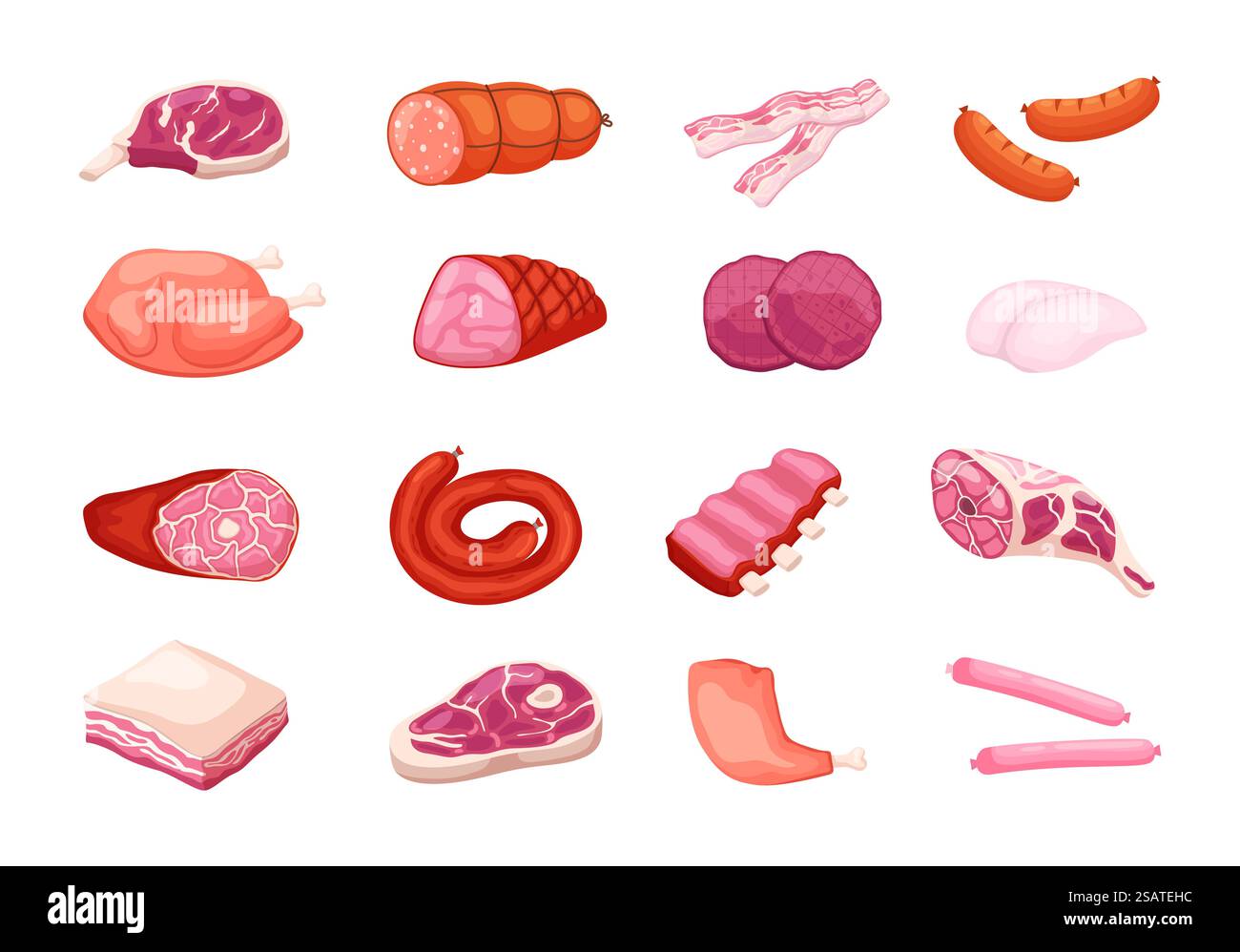 Cartoon meat products. Raw farm pork, beef steak, chicken and lamb ...