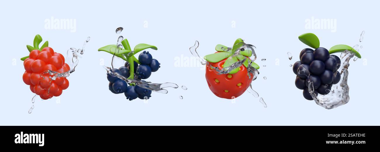 Set of realistic berries with clear water splashes. Raspberry ...