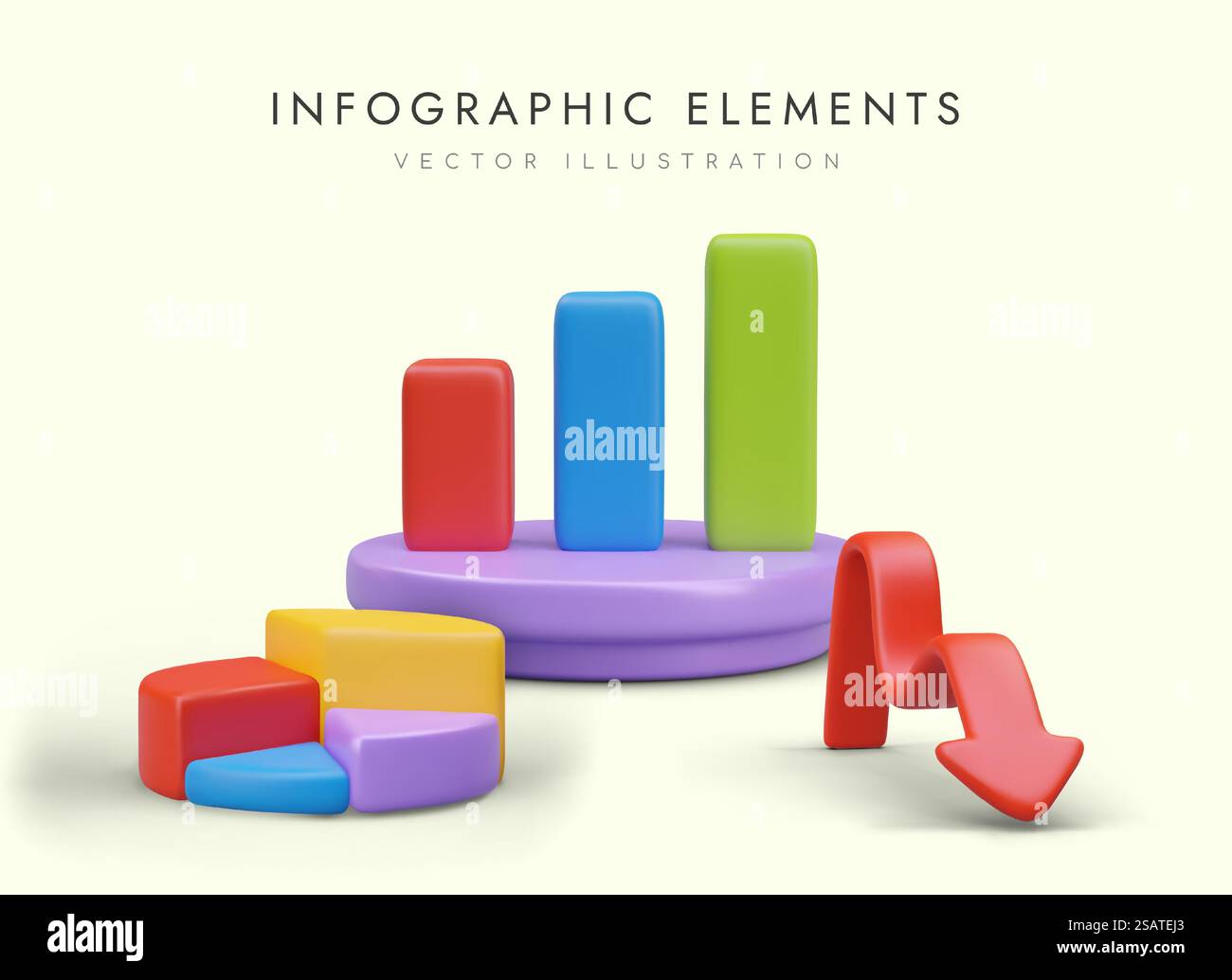 Set of infographic elements. Arrow, pie chart bar graph on podium ...