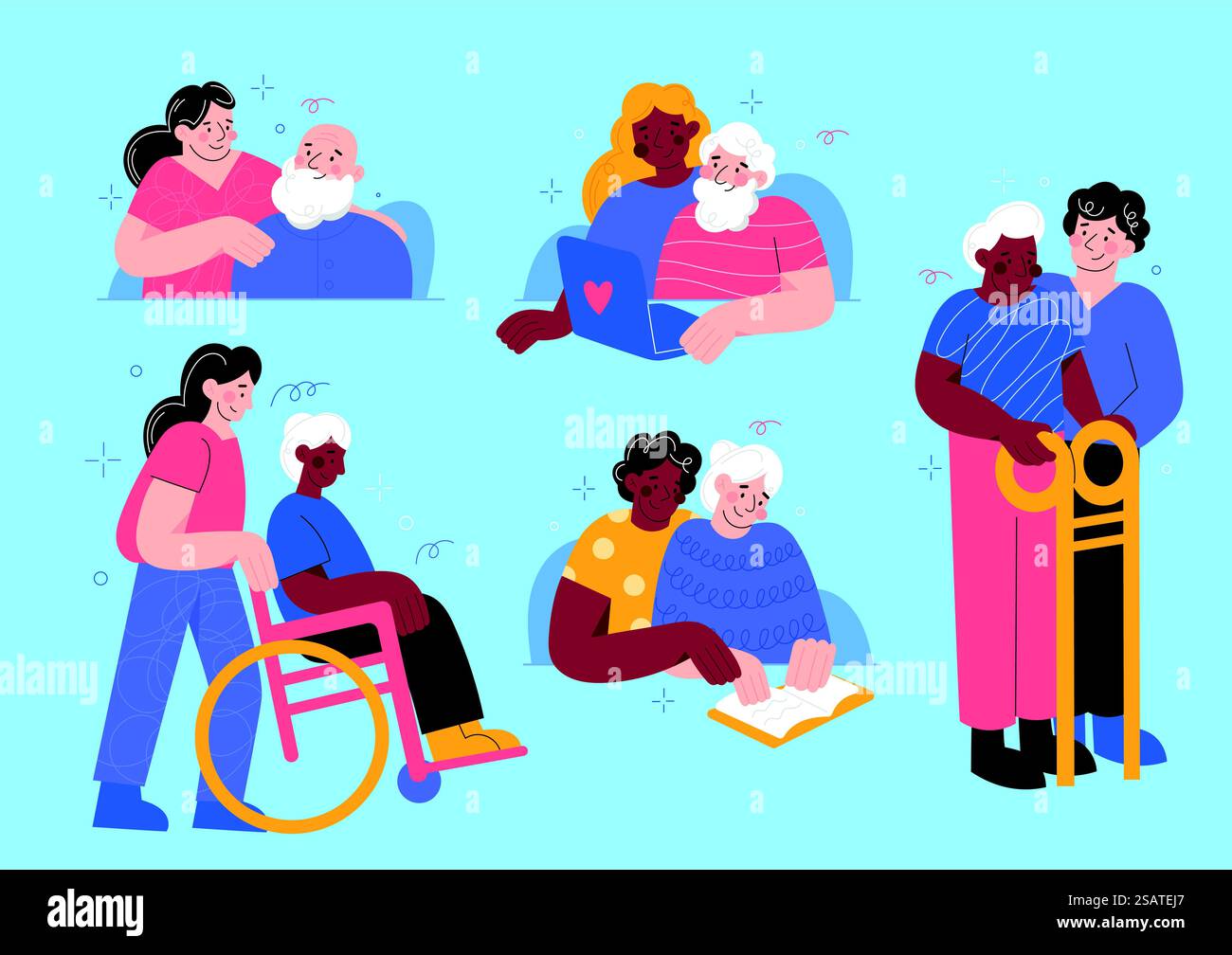 Elderly people caring. Social service workers help seniors, caregivers ...