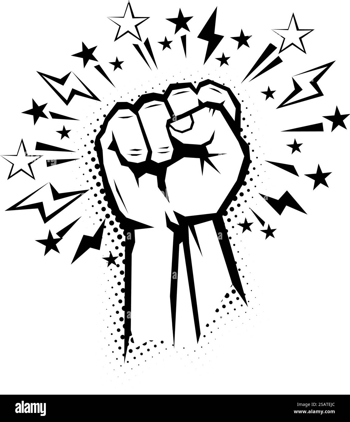 Clenched fist hand raise. Cartoon black and white vector in comic style ...