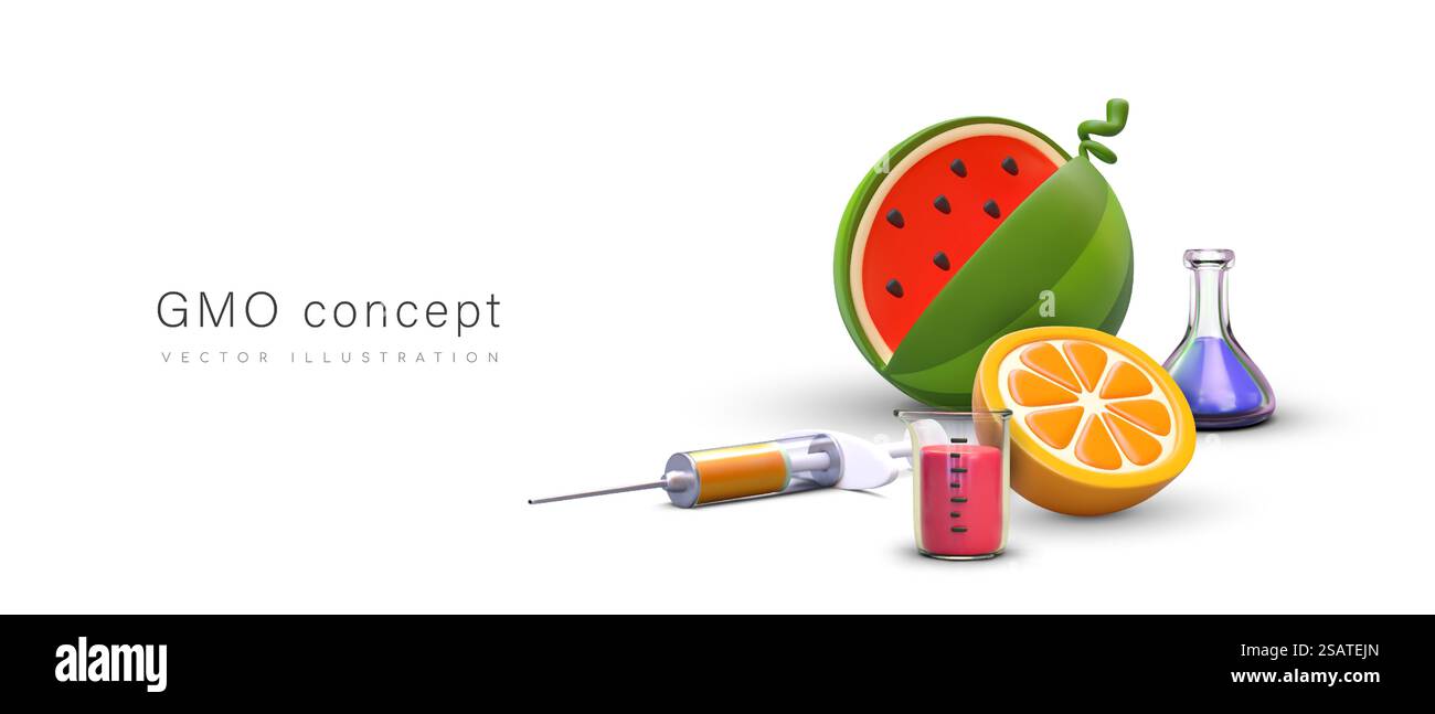GMO concept. Experiment on vegetables and fruits. Color realistic ...