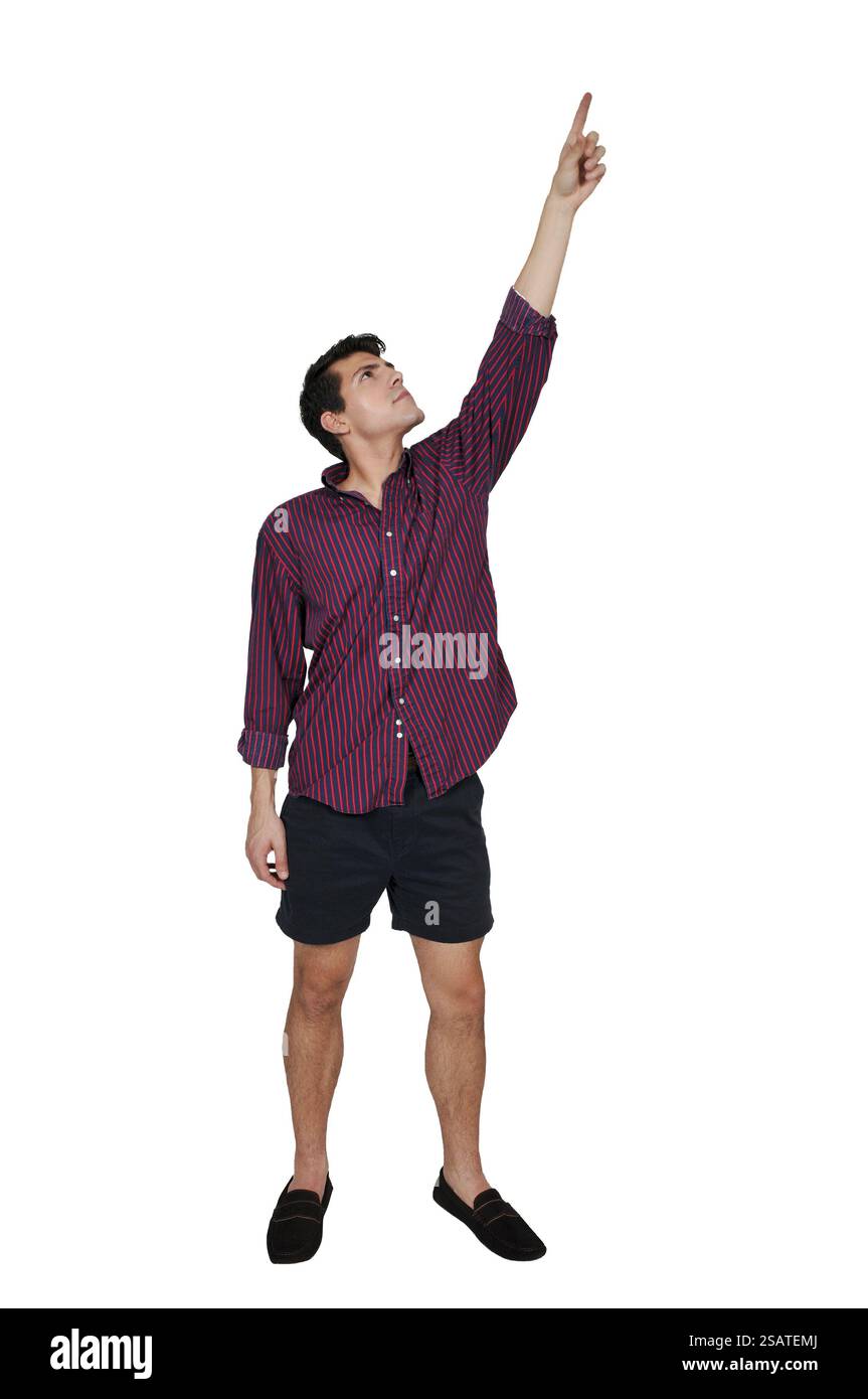 Attractive handsome American or European young man pointing up Stock ...