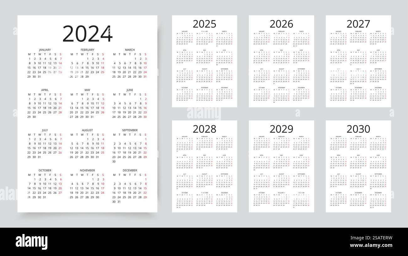 Calendar for 2024, 2025, 2026, 2027, 2028, 2029, 20230 years. Calender layout. Week starts ...