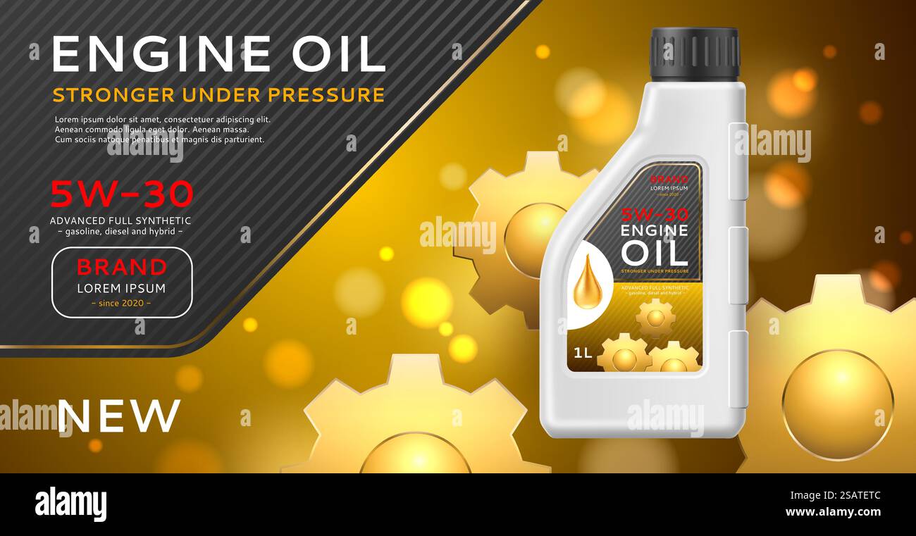 Realistic fuel poster. Motor mineral oil plastic bottle, golden gears ...