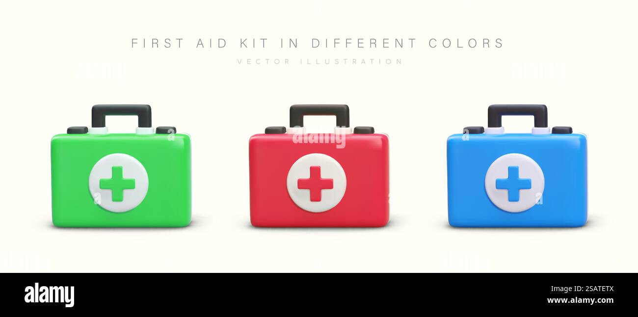 Realistic first aid kits in different colors. Collection of ...