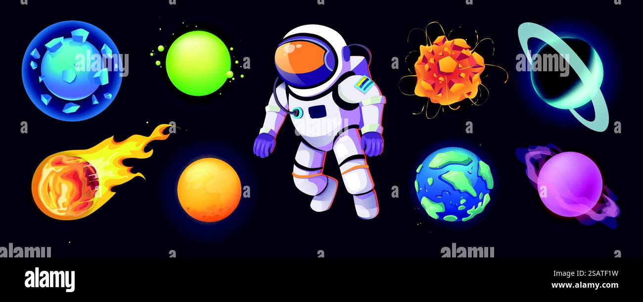 Astronaut and planets mega set in cartoon graphic design. Bundle ...