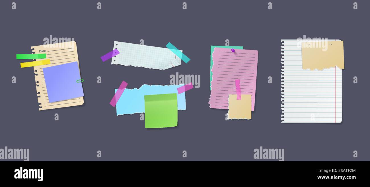 Pages and memo pads realistic vector illustration set. Papers for ...