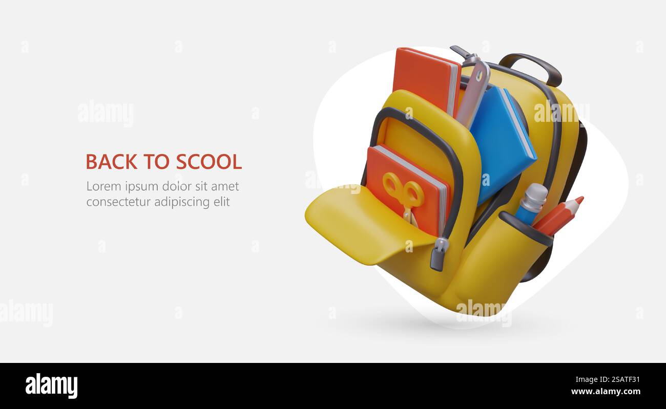 Realistic open backpack with stationery. Illustration in cartoon style ...