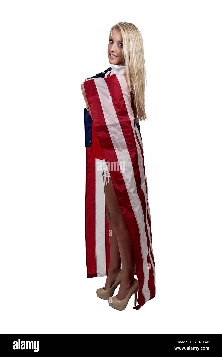 Beautiful young woman wrapped in a flag Stock Photo - Alamy