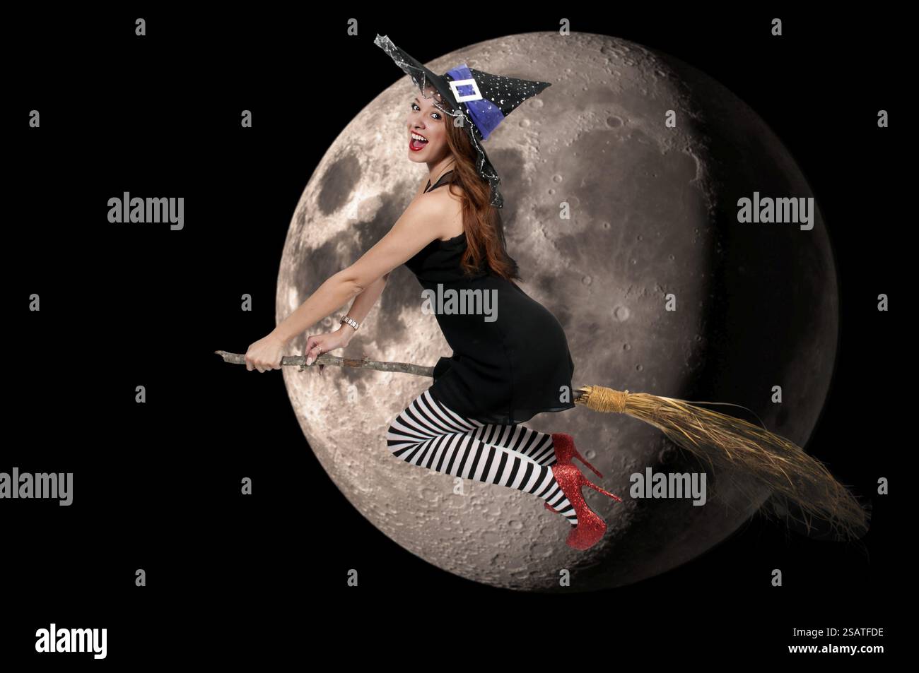 Beautiful woman wicked witch with ruby shoes flying by a NASA moon ...